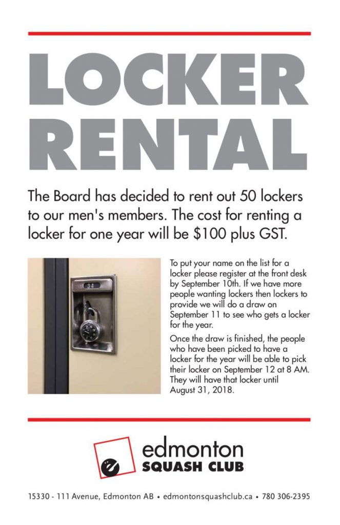 Men’s lockers for rent for the 2017-2018 season. – Edmonton Squash Club